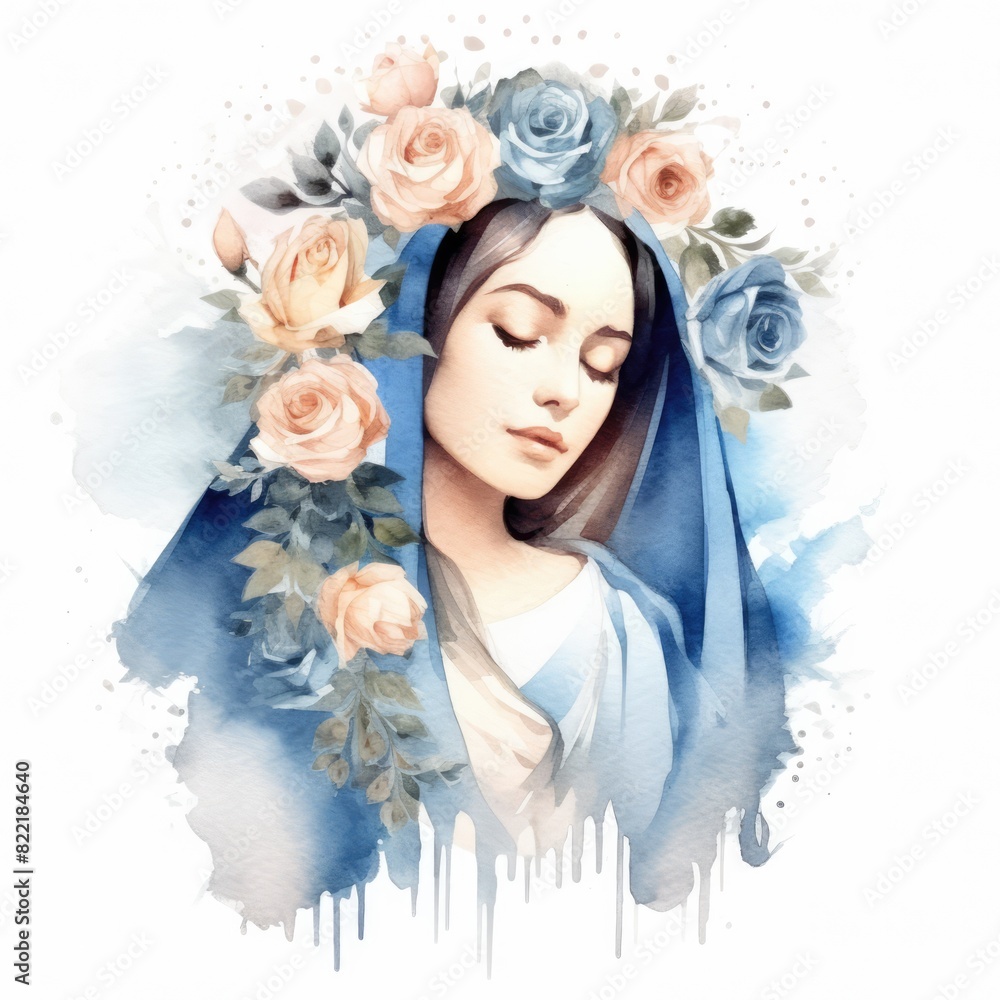 Old school vintage illustration. Portrait of Mother Mary with roses ...