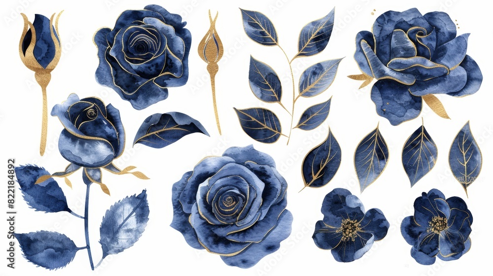 Various watercolors design elements of navy blue roses, gold branches ...