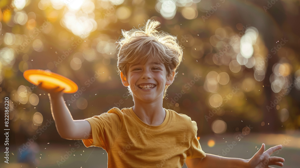 little boy throws a frisbee, child plays in the park, summer, vacation ...