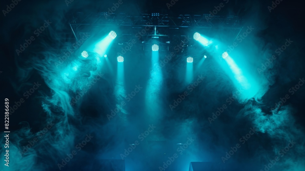 Light and smoke show on stage. Blue modern spotlight with smoke volume ...