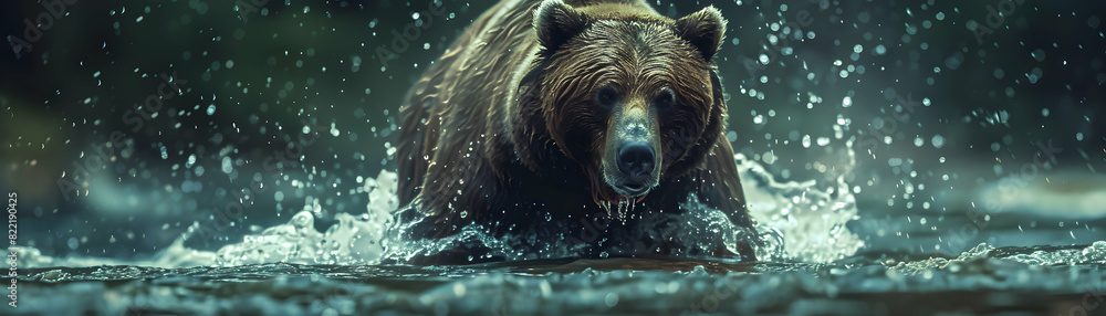 Photo realistic: A grizzly bear hunting fish in a river, showcasing ...