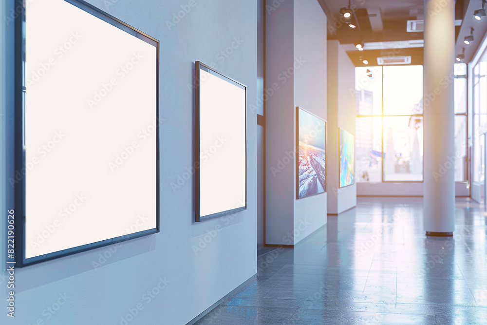 Tiny square posters in a modern, bright gallery, abstract design with ...