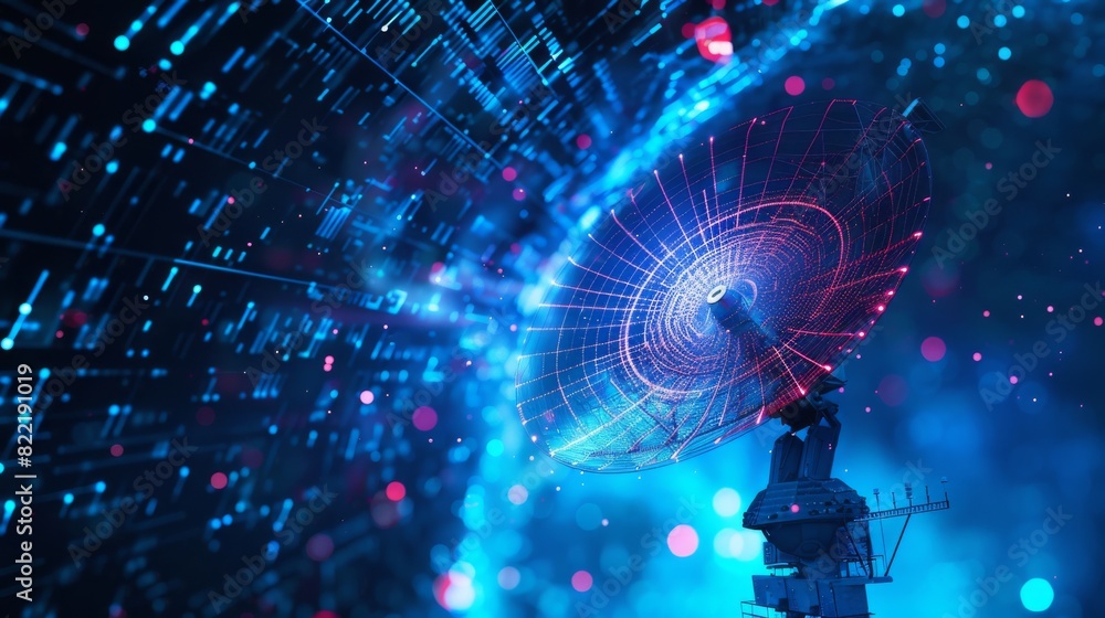 Satellite dish transmitting radio signal. Directional signal radiates ...