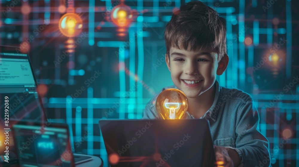 A smiling clever boy coding on a laptop using scratch in computer ...