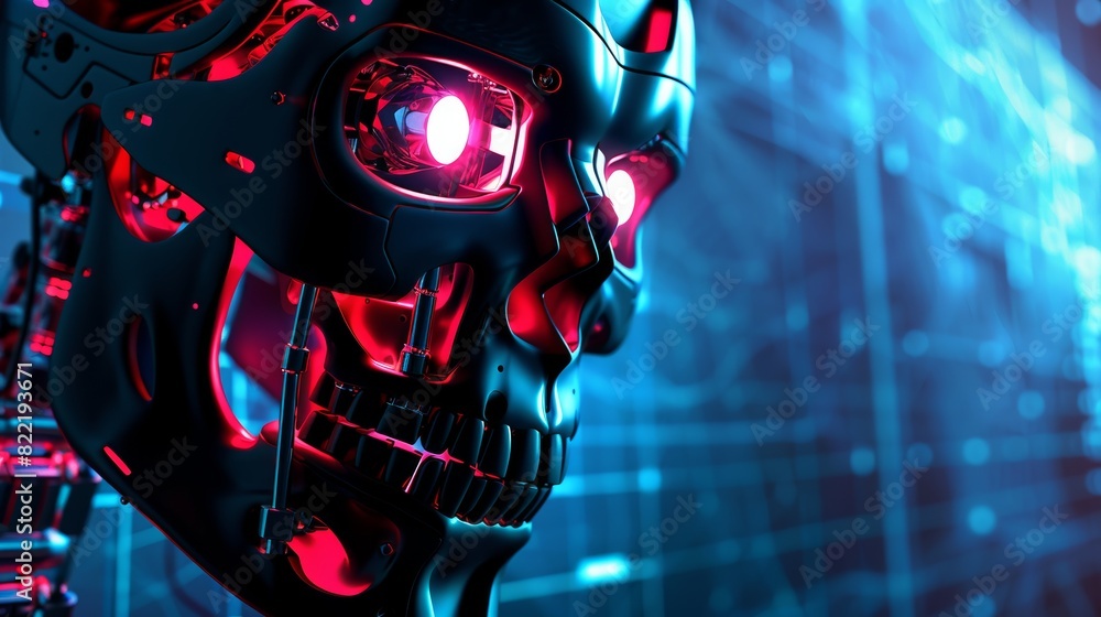 A robot's face with a scary face on Halloween. The skull of the robot ...