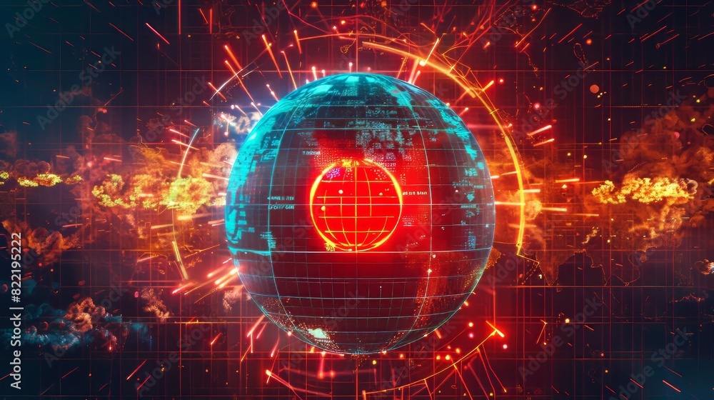 An explosion of nuclear bombs on all continents comes from space. A red ...