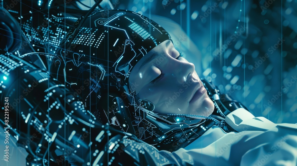 Female robot curls up and sleeps in cyberspace. Cyborg connection ...