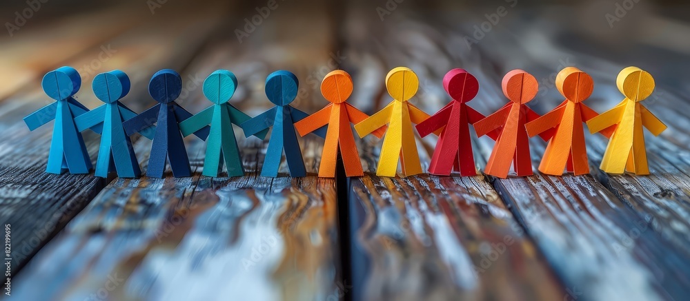 Colorful paper people figures standing in a row, holding hands on a wooden table. Vibrant colors ...