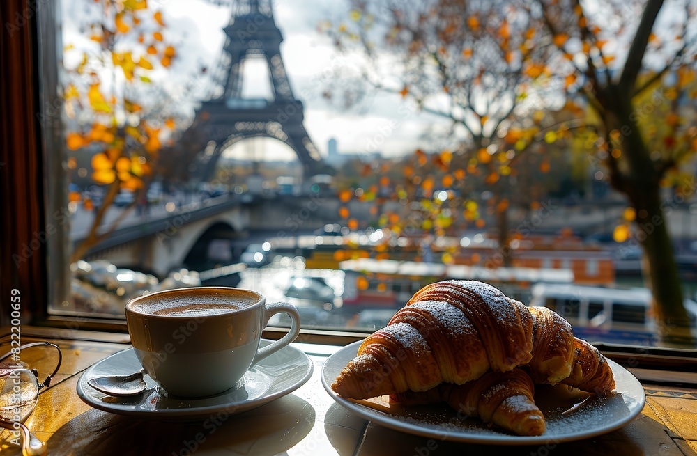 Coffee and croissant with Eiffel Tower view from window in Paris ...