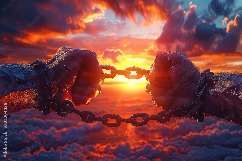 Breaking Shackles Muscular Arms Breaking Chains Against Sunset Sky ...