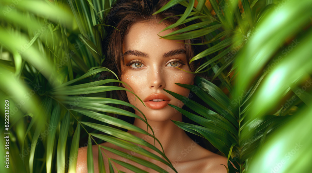 Horizontal banner. Closeup female portrait. Young adult white brunette ...