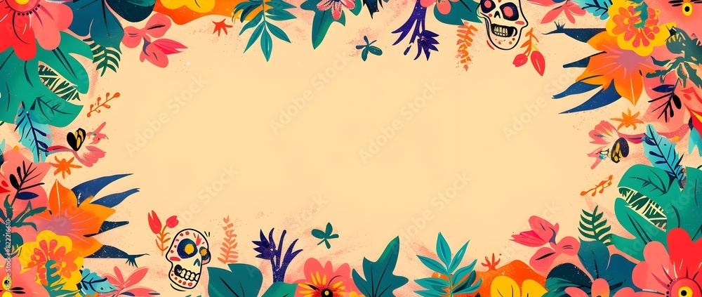 Minimalist Day of the Dead Doodle Border Design with Floral Tropical ...