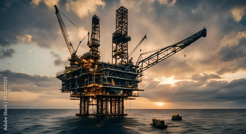 Engineers overseeing construction of an offshore oil rig in the sea ...