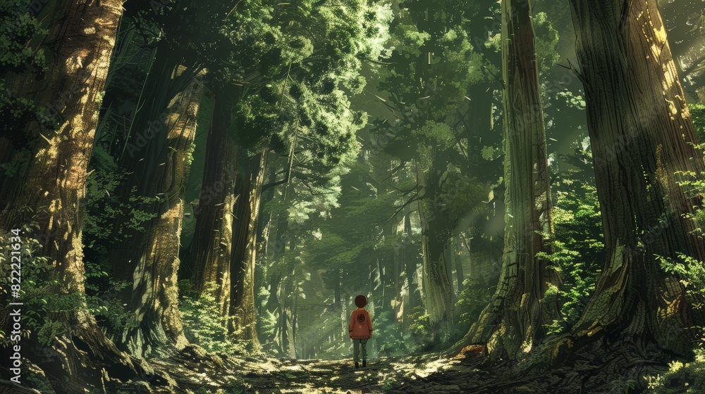 A forest preservation character stands amidst towering trees ...