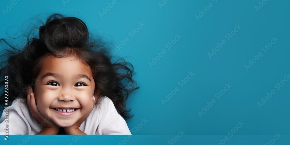 Indigo background Happy Asian child Portrait of young beautiful Smiling ...