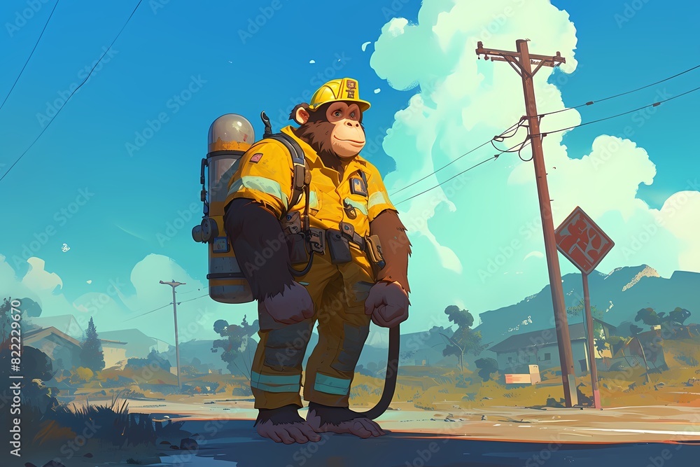 cartoon illustration, a firefighter monkey Stock Illustration | Adobe Stock