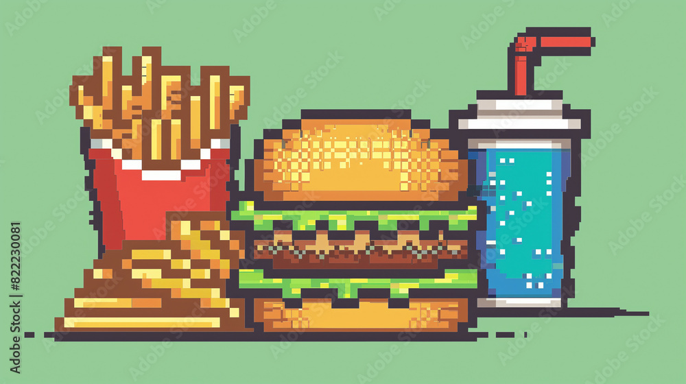 Pixel art illustration of fast food items including fries, burger, and ...