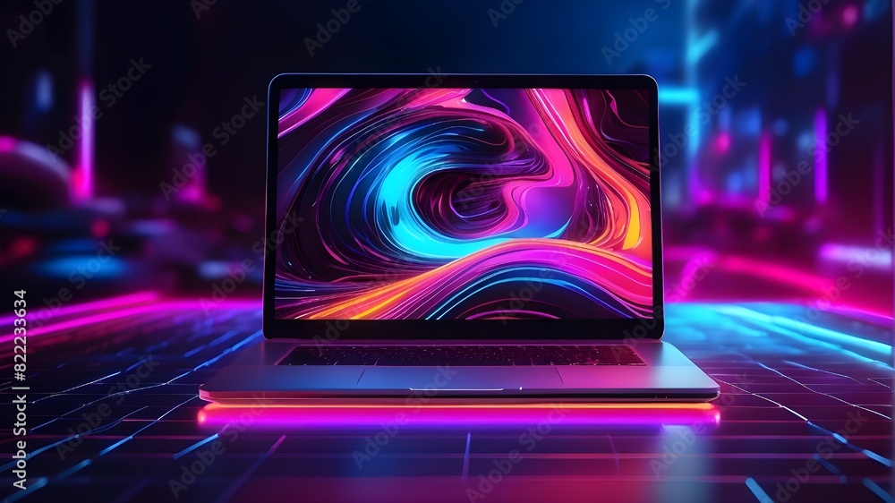 Neon-colored laptop in a futuristic artwork on computer technology. For ...