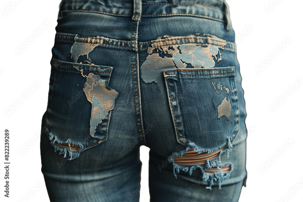 Torn jeans knee area with a peek of a world map tattoo isolated on ...