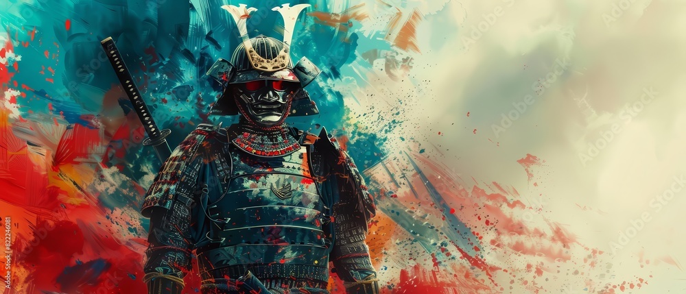Eye-level angle of a holographic samurai in full armor, intricate ...
