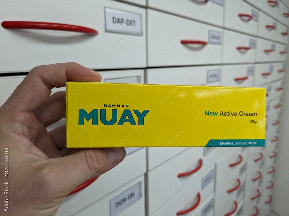 Prague, Czech Republic - July 10 2024: MUAY cream box of medication with METHYL SALICYLATE ...