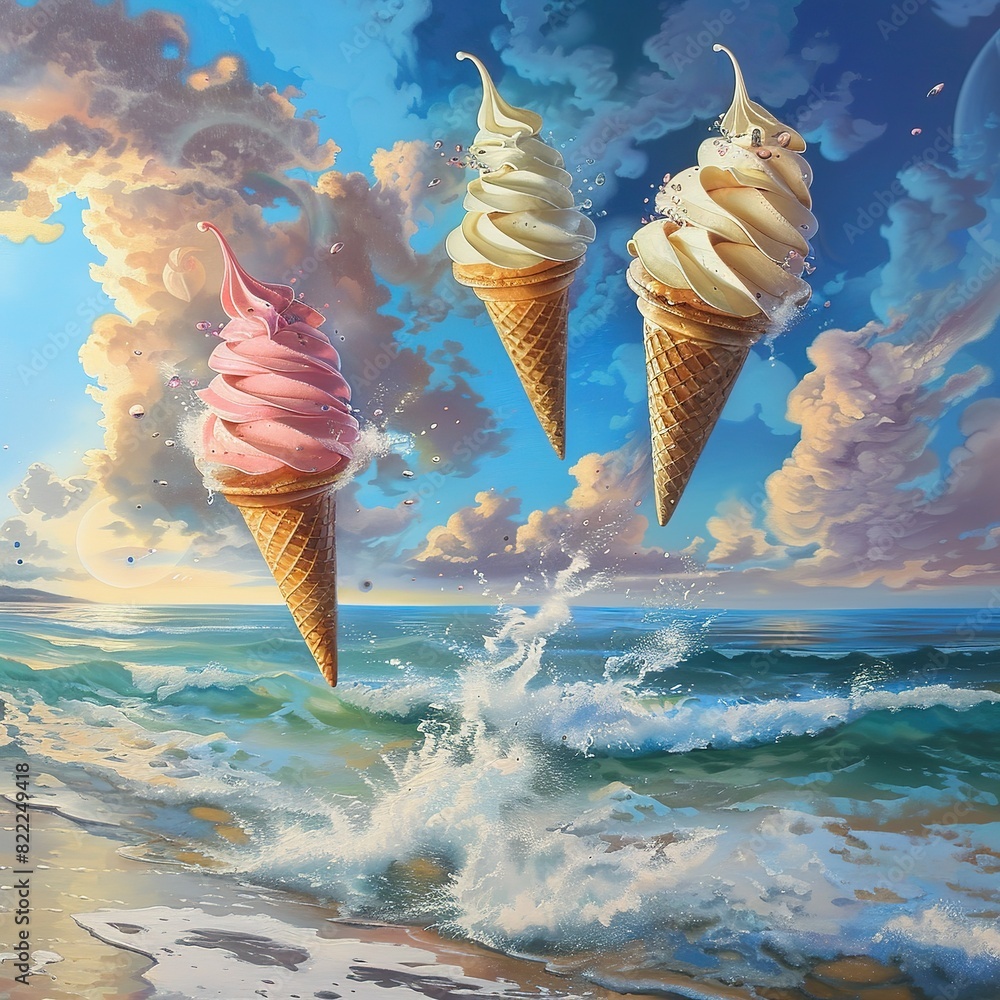 Flying ice cream party on the beach, happy summer with blue sky. Stock ...