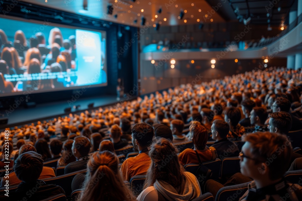 Movie theater or cinema with a large screen and many rows of seats full ...