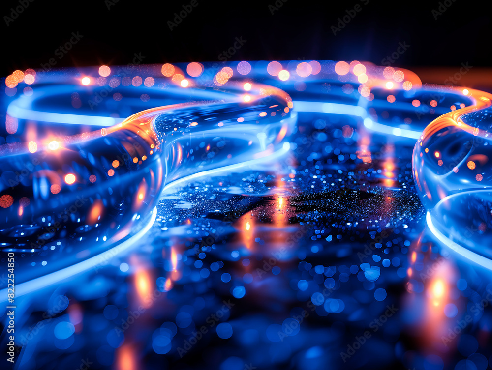 Neon blue data tubes curve into the darkness, symbolizing an unending ...
