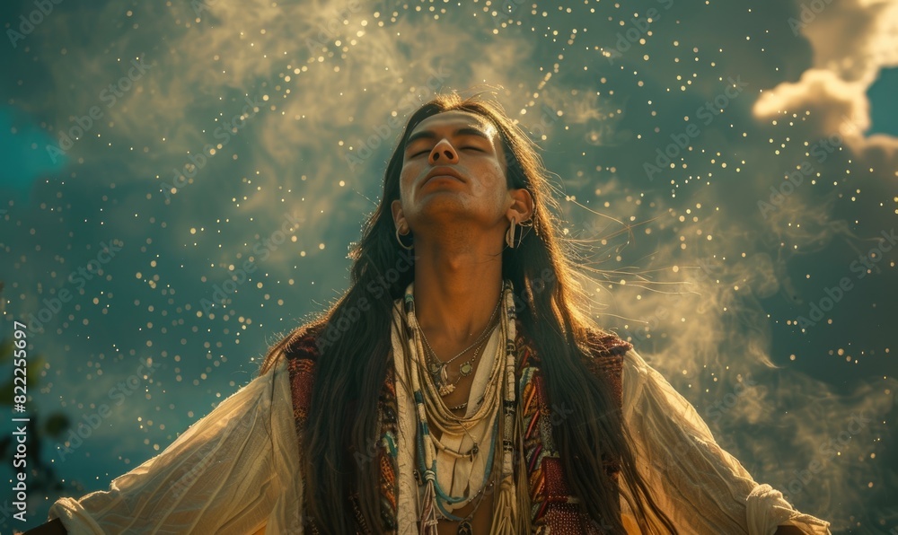 Ethereal portrait of a young man with flowing long hair and clothes ...