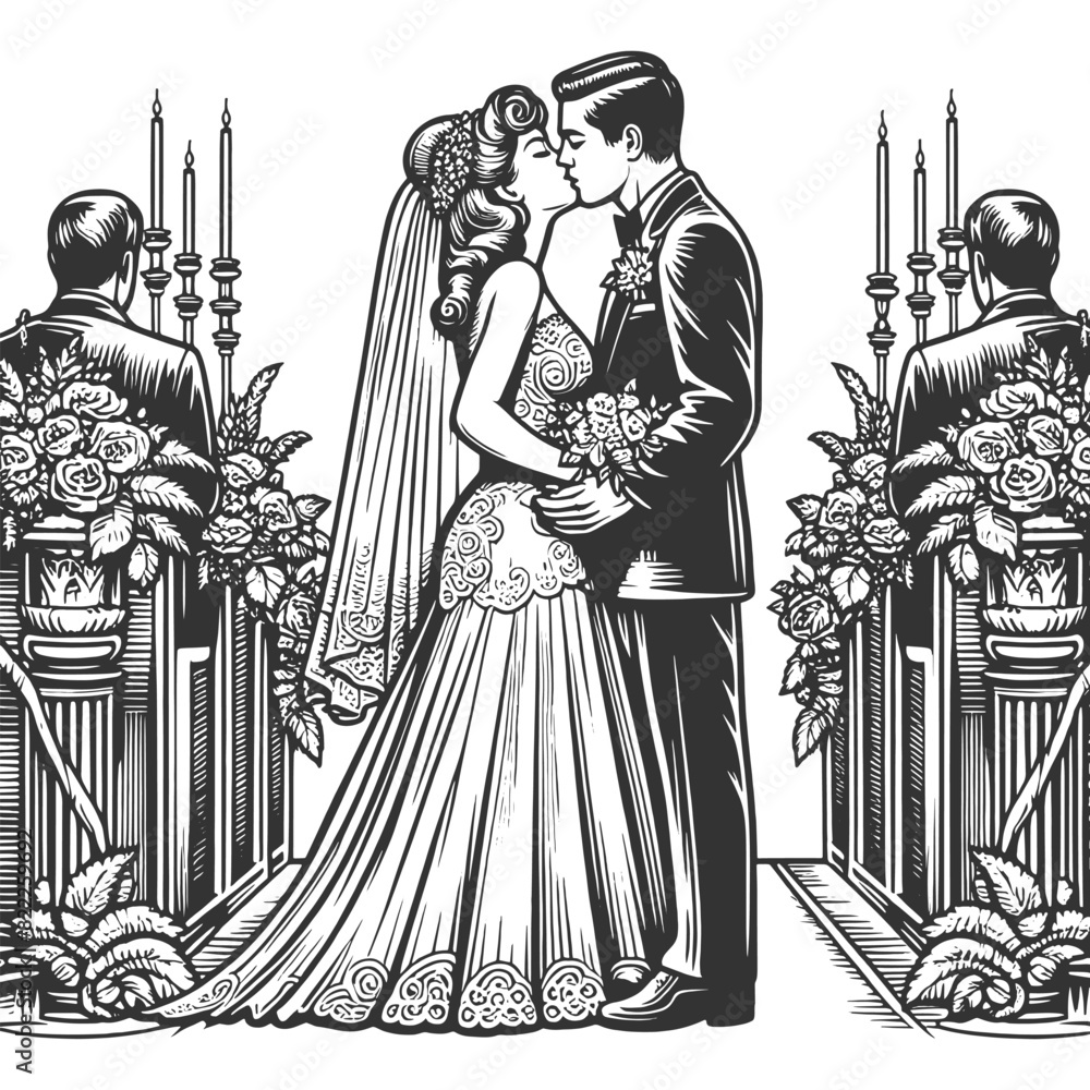 bride and groom couple kissing at their wedding ceremony, guests in ...