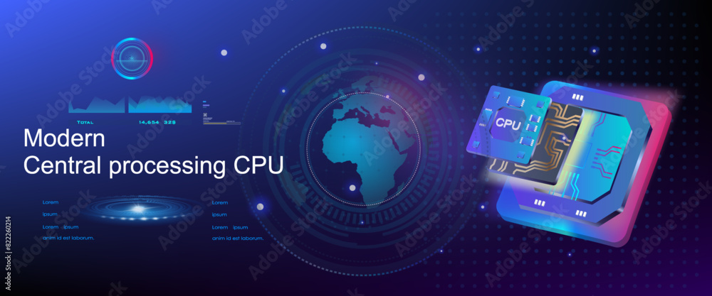 Powerful new generation stream processor. Cyber banner with CPU on ...