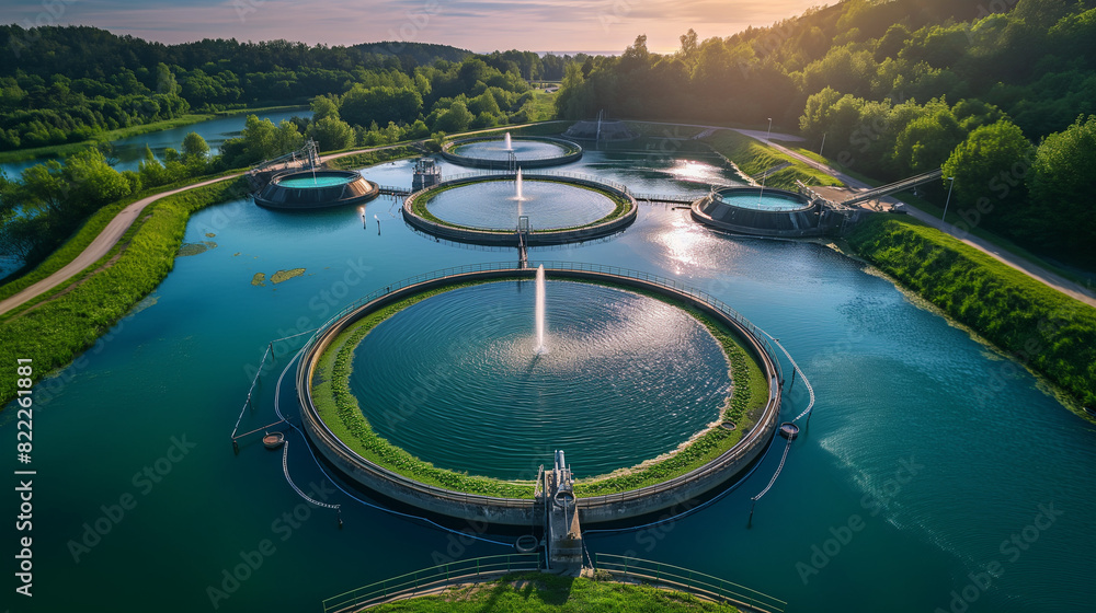 Industrial aeration tanks with rusted structures in a water treatment ...