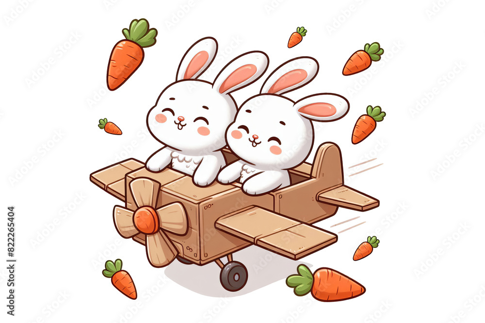 white rabbits sit side by side in a cardboard plane crafted from a box ...