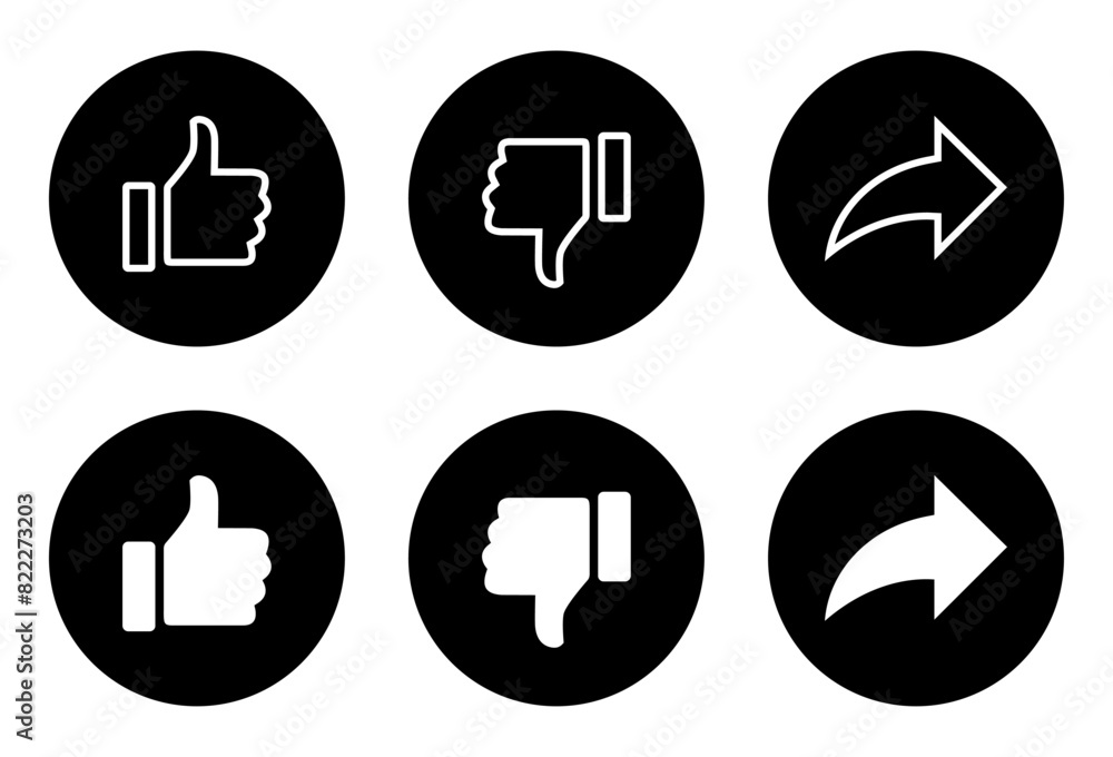 Like, dislike, and share icon on black circle. Thumb up, down, and ...