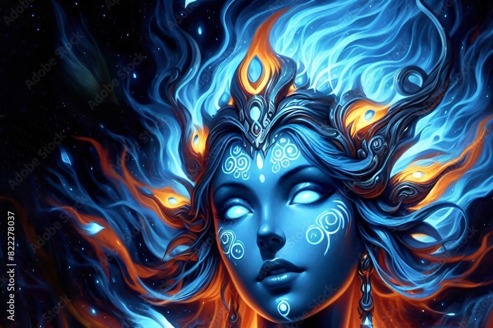 Image Indian goddess Kali Maa in orange and on dark blue colours. The ...