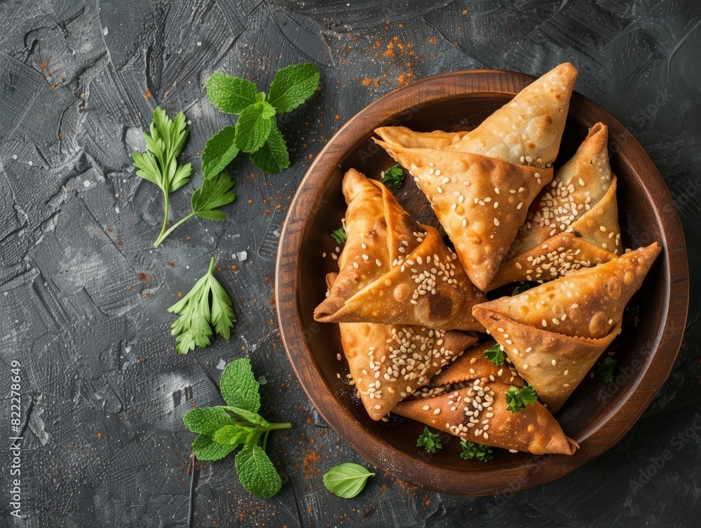 Top view of Lebanese sambousek with meat filling, using the rule of ...