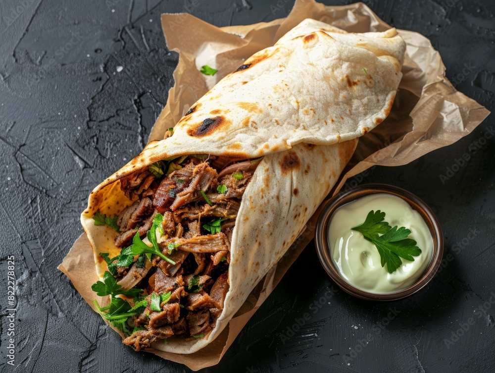 Top view of Lebanese shawarma with garlic sauce, using the rule of ...