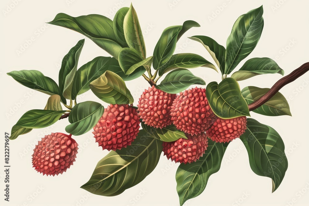 Vintage Botanical Illustration of Lychee Branch with Detailed Leaves ...