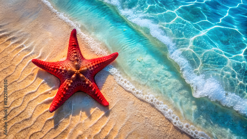 Red Starfish on White Sandy Beach with Clear Blue Water: Top View ...