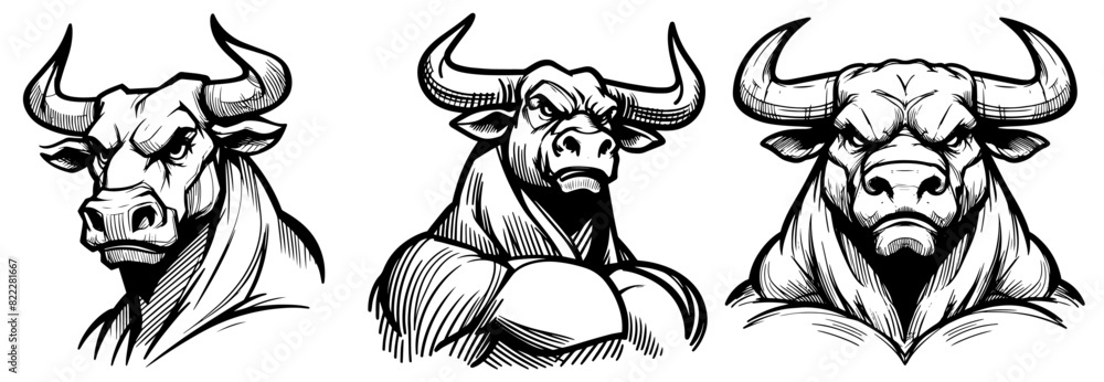 humanoid bull figure in comic book style black and white vector with ...