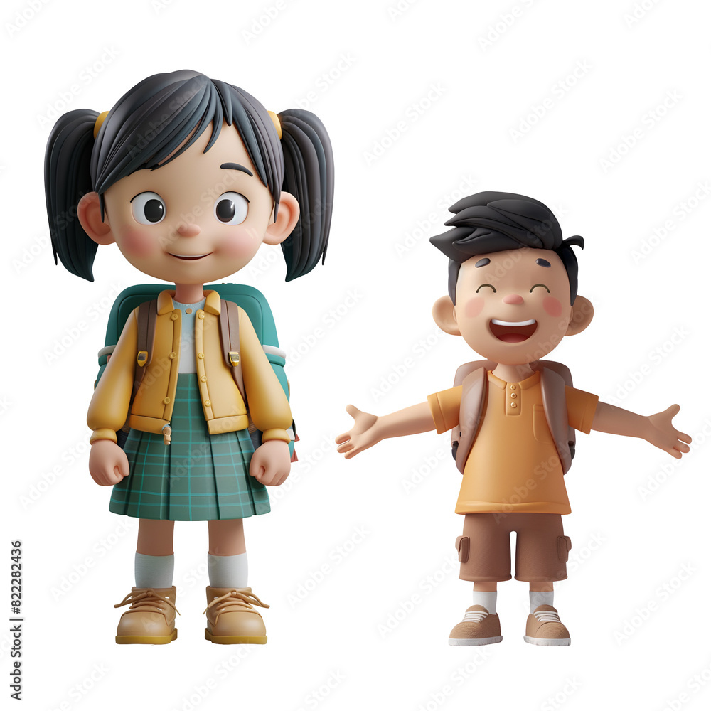 Set of 3D Rendered Chibi Characters: Happy Asian Students, Boy and Girl ...