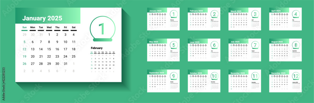 Template of Desk calendar 2025 with green gradient as main color ...