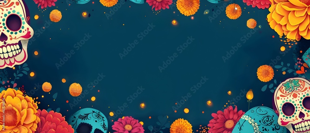 Vibrant Doodle Border Design for Day of the Dead Background with Blank ...