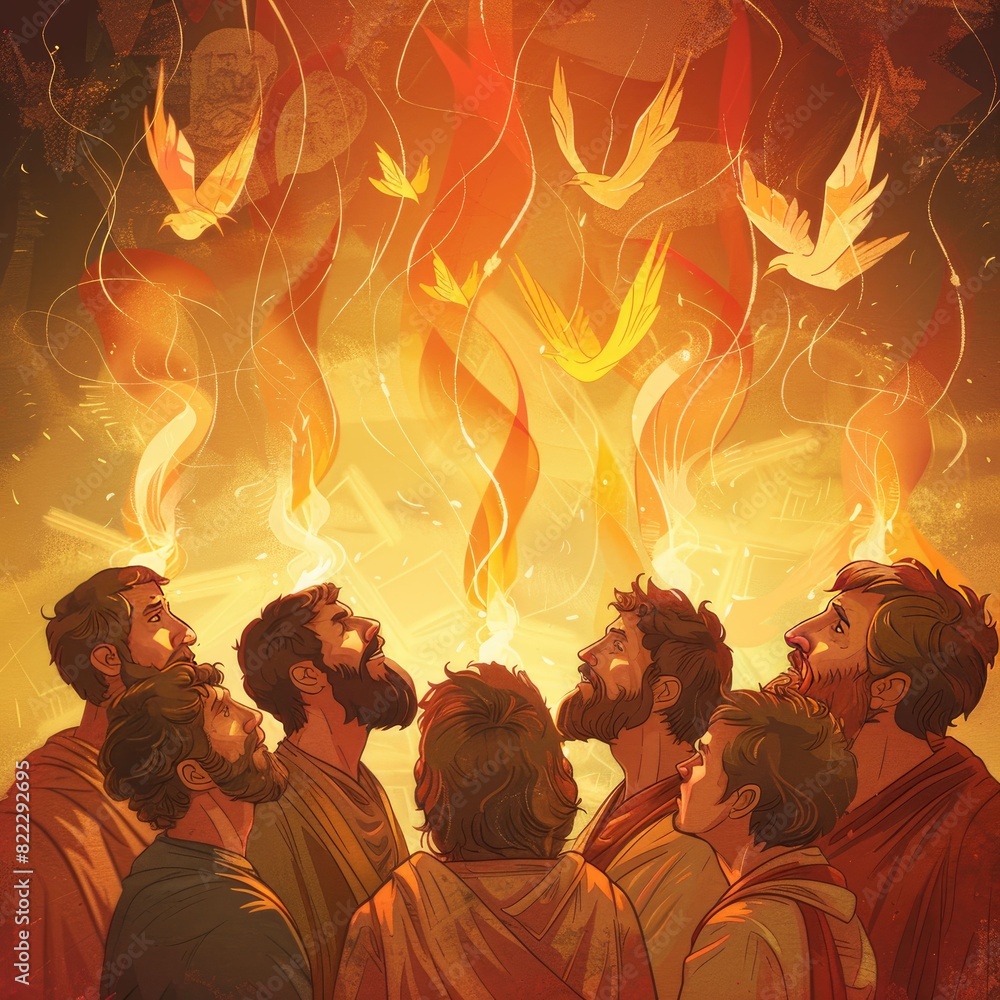 Pentecost: The Descent of the Holy Spirit with Flames and Doves on the ...