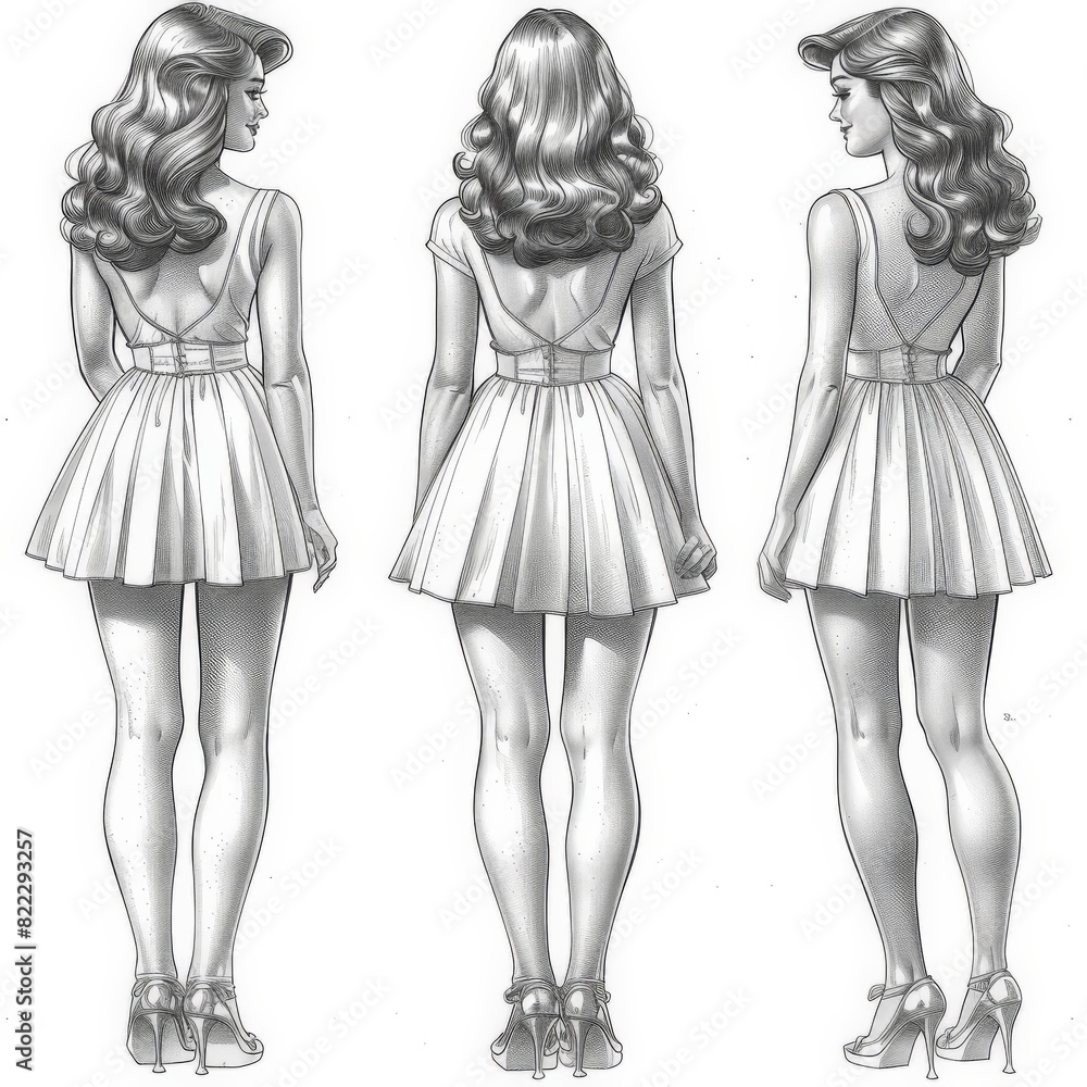 Vintage comic style pin-up girl in short dress and heels, black and ...