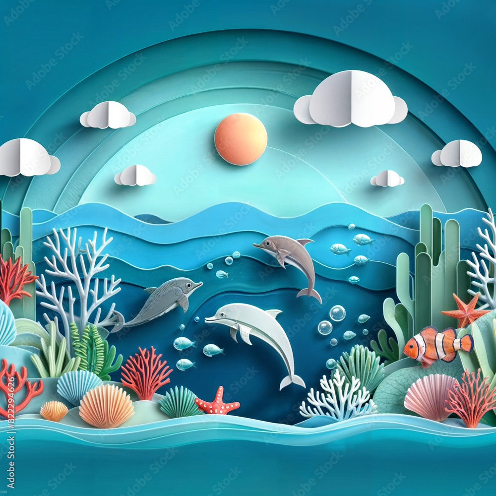 underwater world in paper art style with fish and dolphin. seamless ...