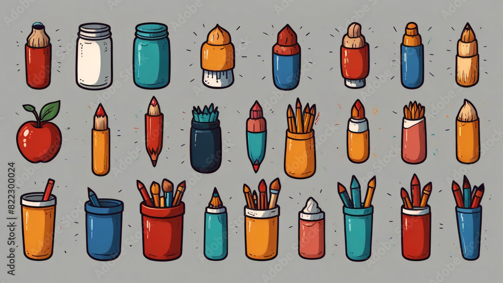 Set of simple line drawings featuring a range of artists' supplies ...