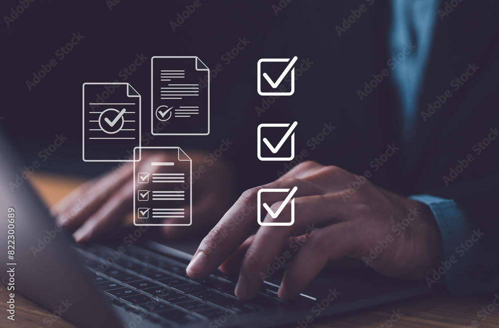 Checklist concept, Businessman mark checkboxes, Survey form, check ...