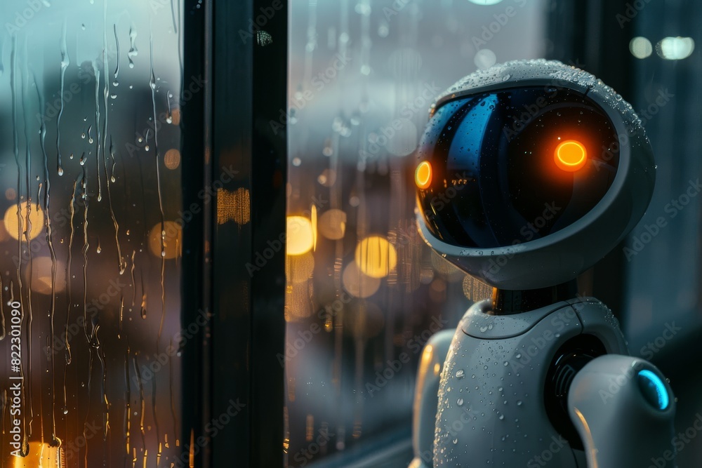 Portrait of cute ai robot looking through the rainy window ,forecast ...