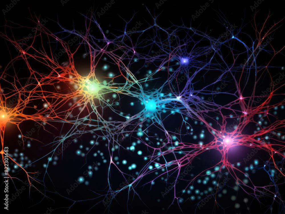 neuron, neural connection visualization of transmission of nerve impulses, neural network of ...